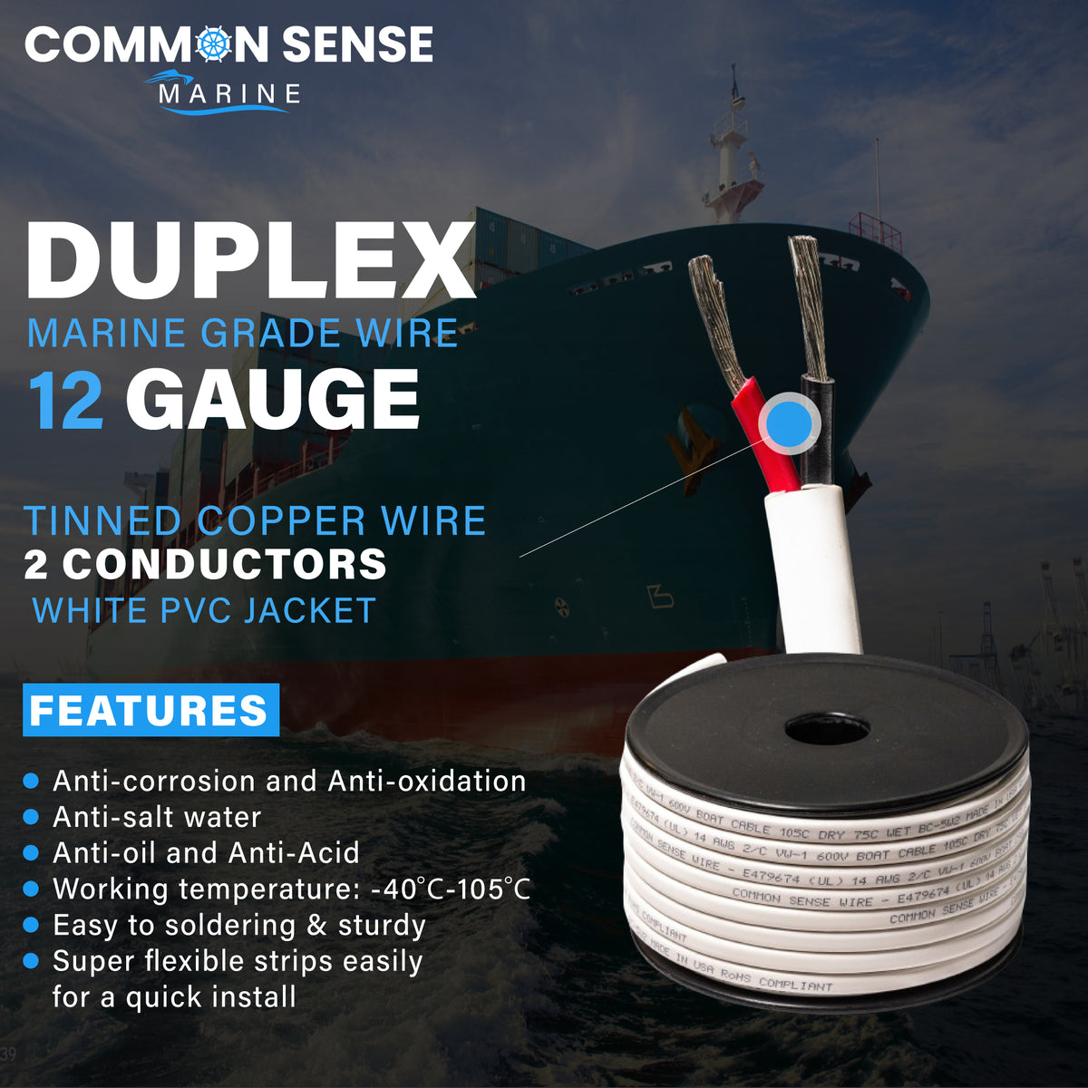 12/2 AWG Duplex DC Wire Tinned Copper | Common Sense Marine